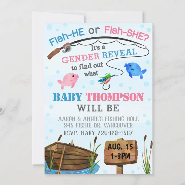 Fishing Gender Reveal Invitation, Fish-HE Fish-SHE Invitation | Zazzle