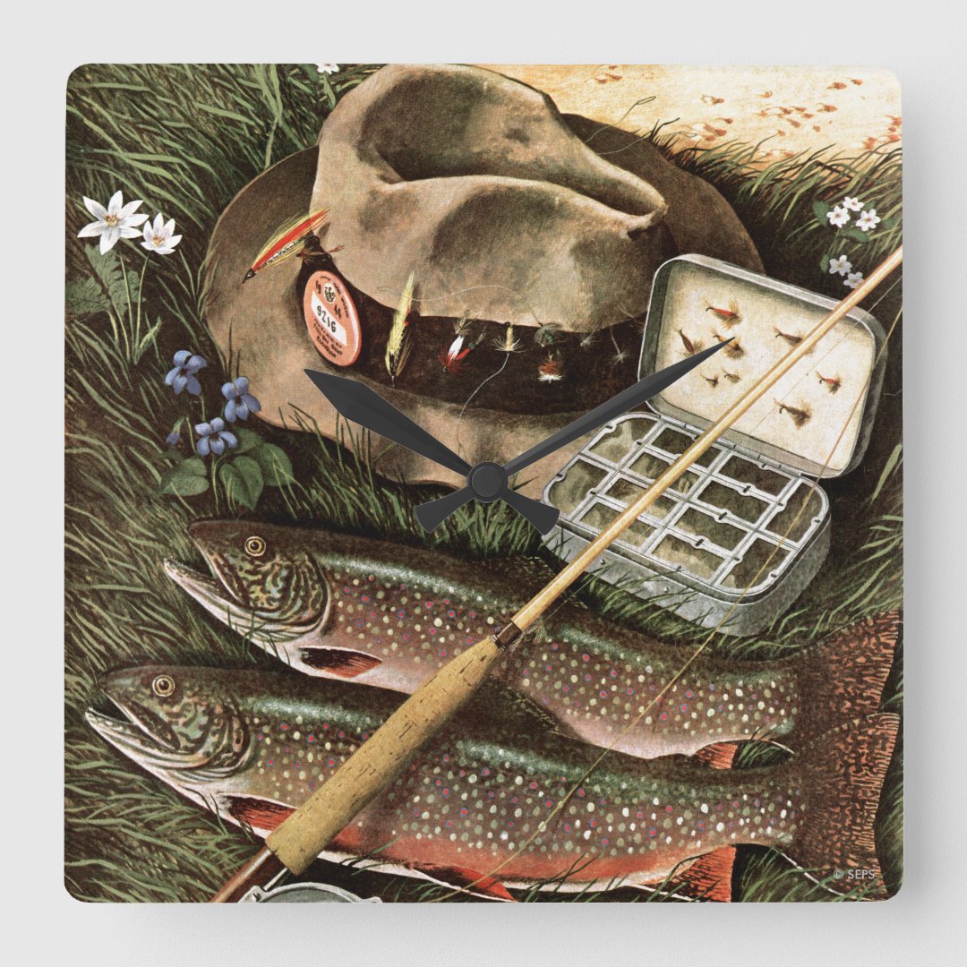 Fishing Still Life Square Wall Clock | Zazzle