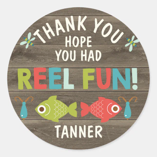 Fishing Themed Reel Fun Thank You Birthday Sticker | Zazzle