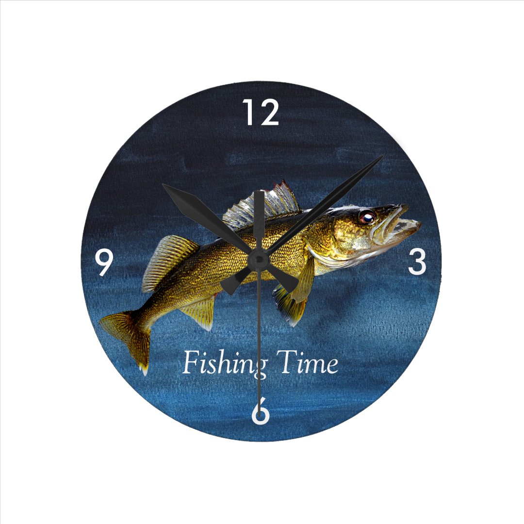 "Fishing Time" With Walleye Pike Round Clock | Zazzle