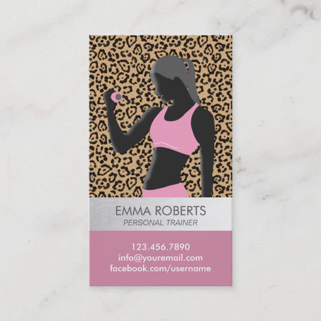 Fitness Girl Personal Trainer Leopard Print Modern Business Card | Zazzle