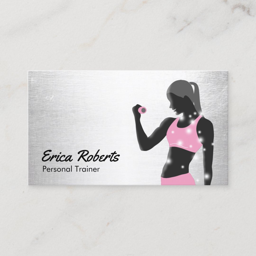 Fitness Girl Personal Trainer Modern Silver Business Card | Zazzle