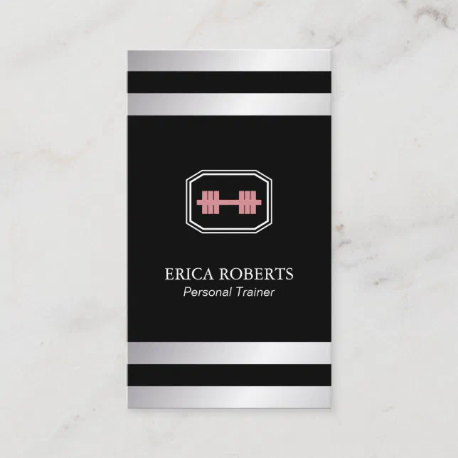 Fitness Girl Trainer Pink dumbbell Silver Stripe Business Card | Zazzle