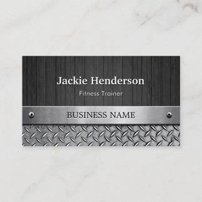 Fitness Trainer - Wood and Metal Look Business Card | Zazzle