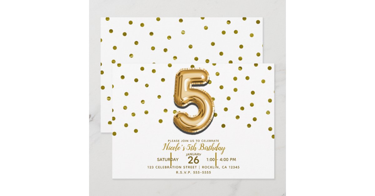 FIVE 5 5th Gold Balloon & Confetti Birthday Party Invitation | Zazzle