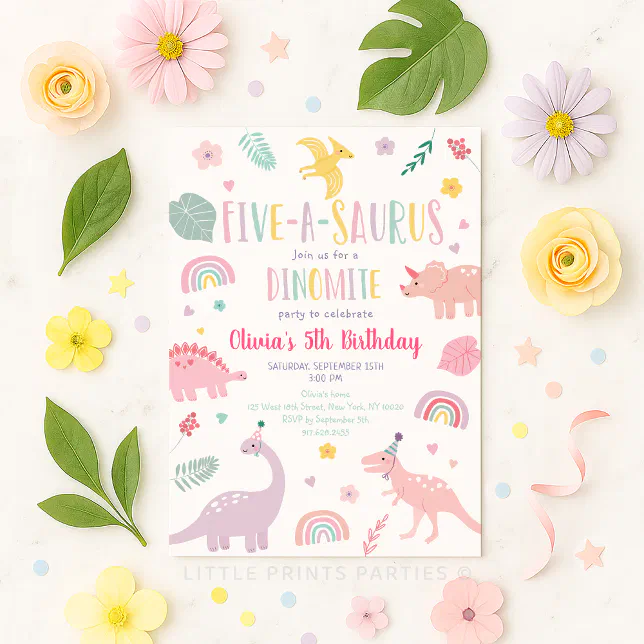 Five-a-saurus Pink Pastel Dinosaur Birthday Invitation | Zazzle