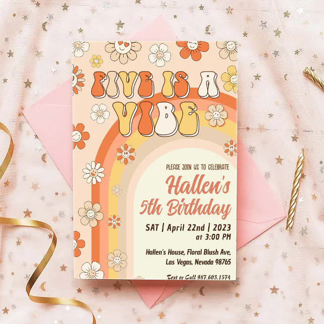 Five a Vibe Groovy Retro Rainbow 5th Birthday Invitation | Zazzle Five a Vibe Groovy Retro Rainbow 5th Birthday Invitation | Zazzle