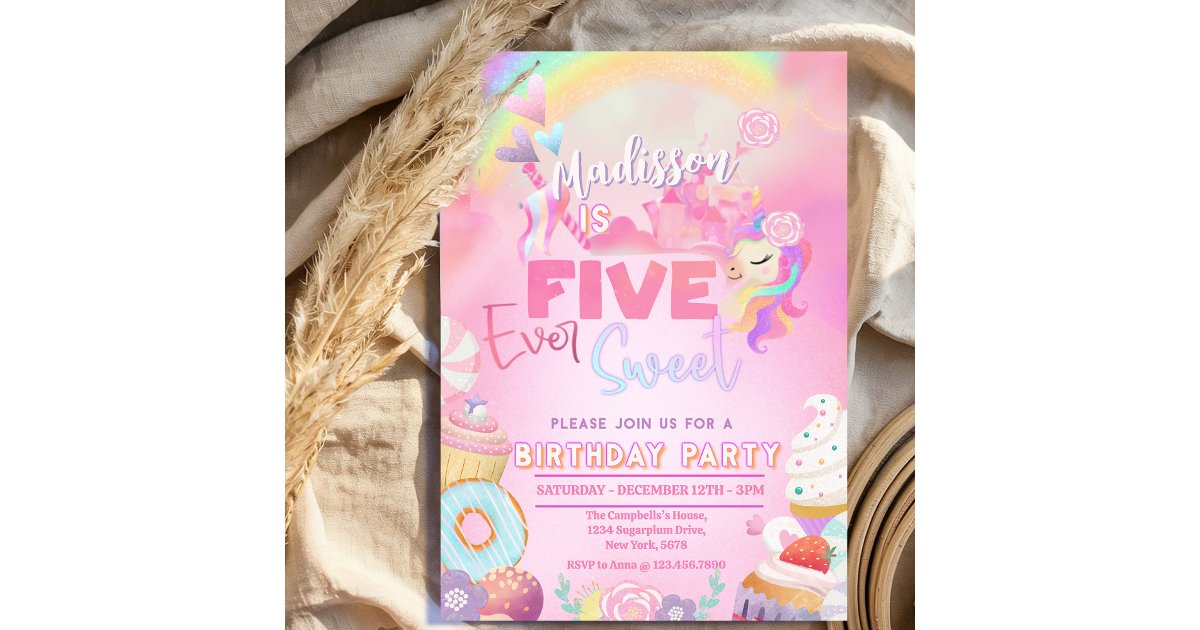 five ever Sweet Girl 5th Birthday Invitation | Zazzle