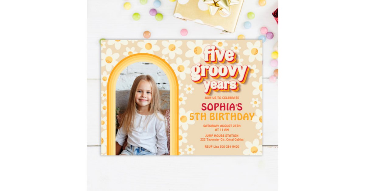 Five Groovy 5th Birthday Photo Invitation | Retro | Zazzle