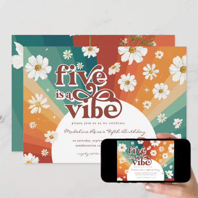 Five is a Vibe 5th Birthday | Retro Daisy Rainbow Invitation | Zazzle