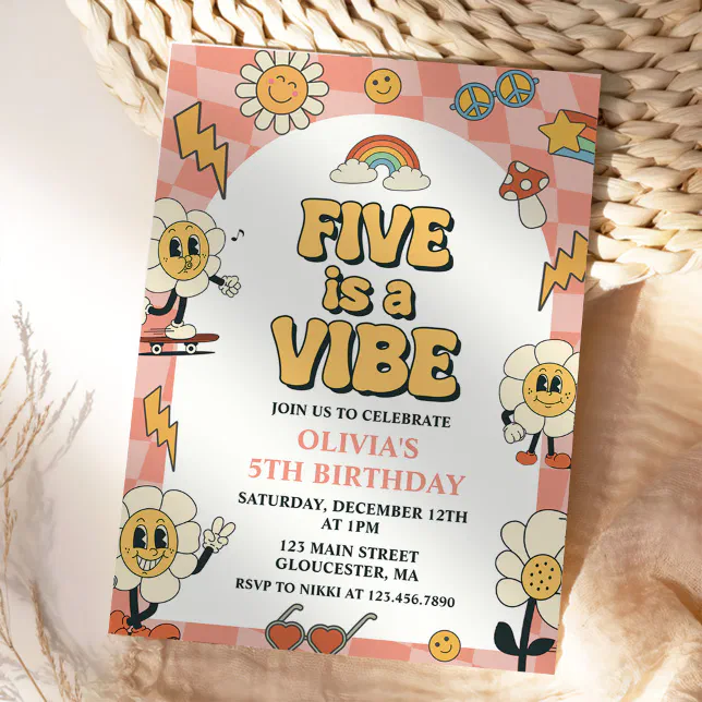 Five is a Vibe Daisy & Retro Van Pink 5th Birthday Invitation | Zazzle
