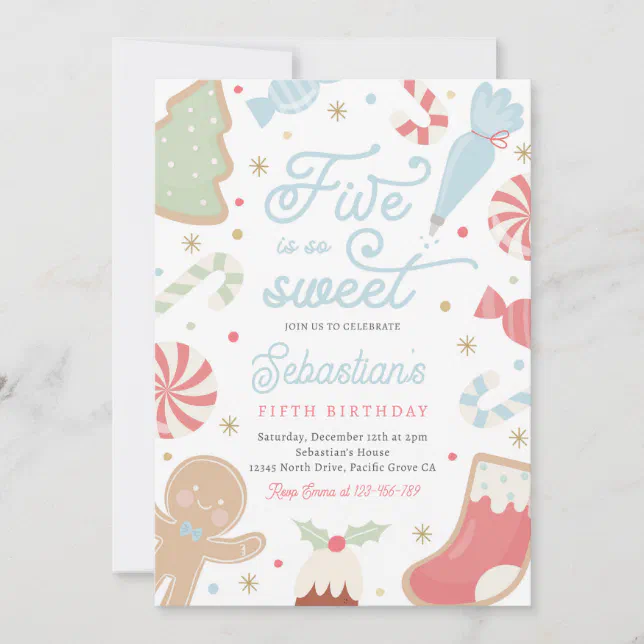 Five Is So Sweet Christmas Cookie 5th Birthday Invitation | Zazzle
