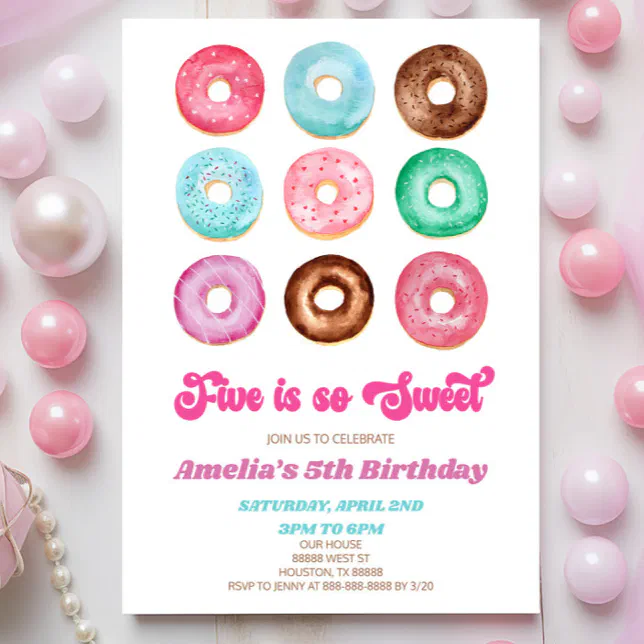 Five Is So Sweet Donut Sprinkle 5th Birthday Party Invitation | Zazzle