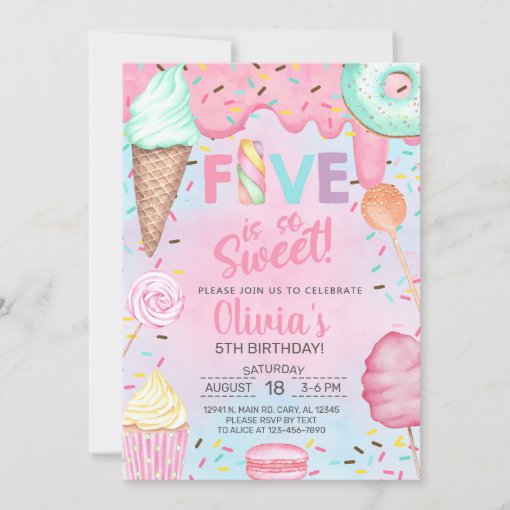 Five is so Sweet girl 5th birthday invitation. Invitation | Zazzle