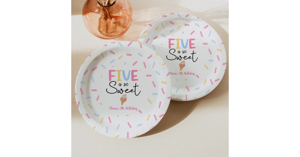 Five Is So Sweet Ice Cream 5th Birthday Party Paper Plates | Zazzle