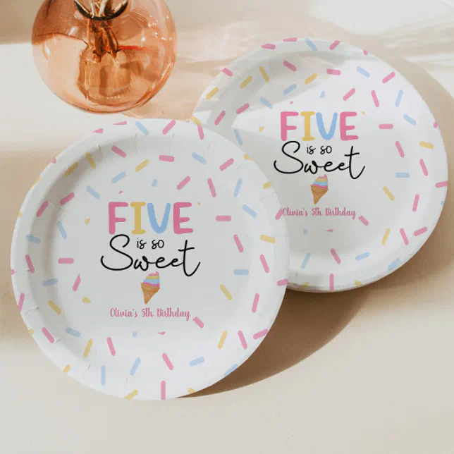 Five Is So Sweet Ice Cream 5th Birthday Party Paper Plates | Zazzle