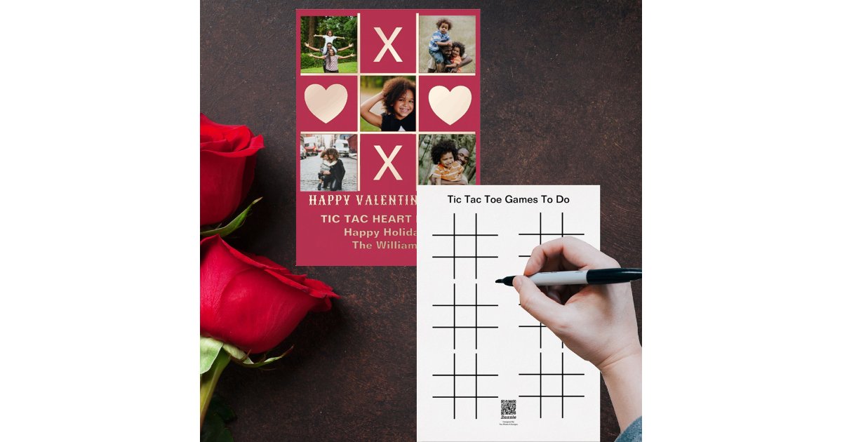 Five Photo Tic Tac Toe Heart Magenta Valentine Foil Holiday Card | Zazzle