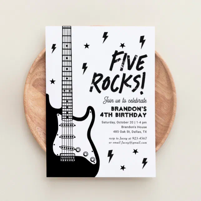 Five Rocks Guitar Rock and Roll 5th Birthday Invitation | Zazzle