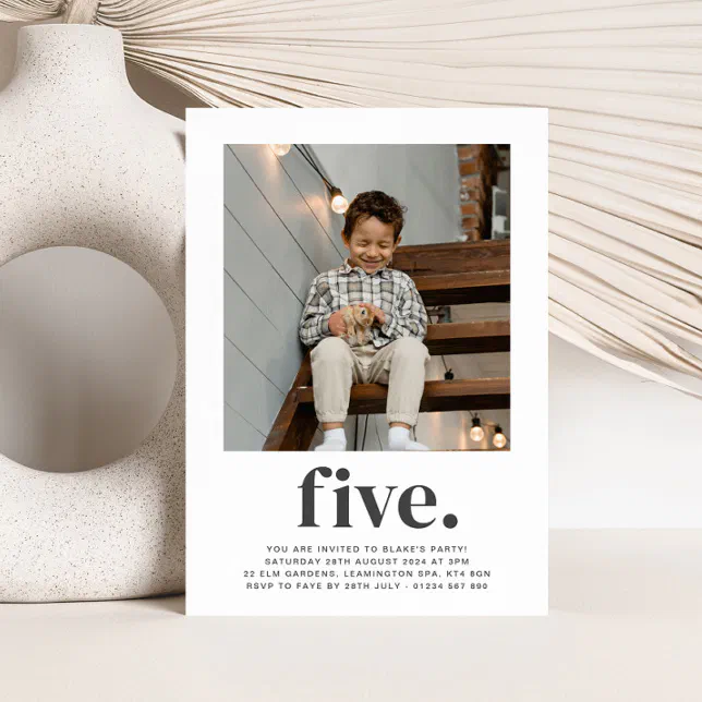 Five - Square Photo Birthday Invitation | Zazzle