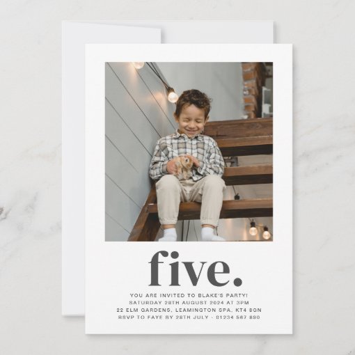 Five - Square Photo Birthday Invitation | Zazzle