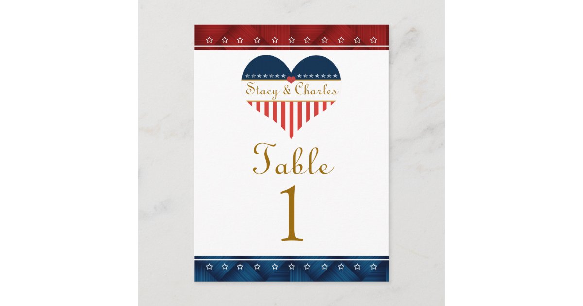 Flag Heart Patriotic Wedding Table Number Cards | Zazzle