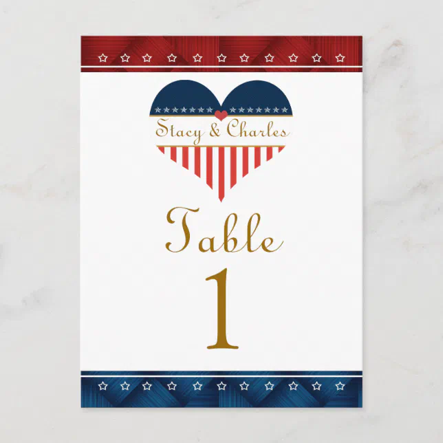 Flag Heart Patriotic Wedding Table Number Cards | Zazzle