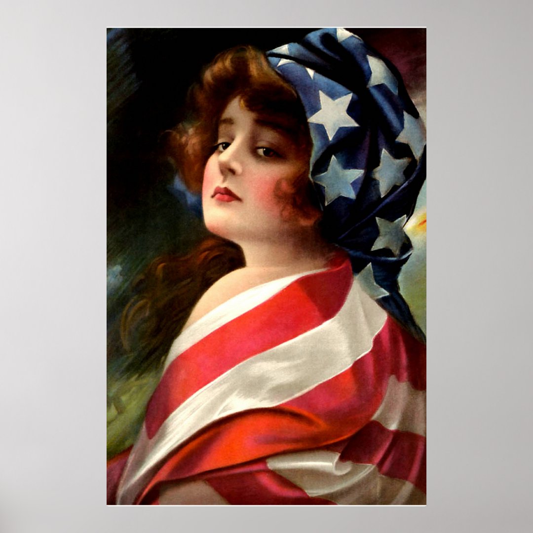 Flag Lady 4th of July Vintage Patriotic Art Poster | Zazzle