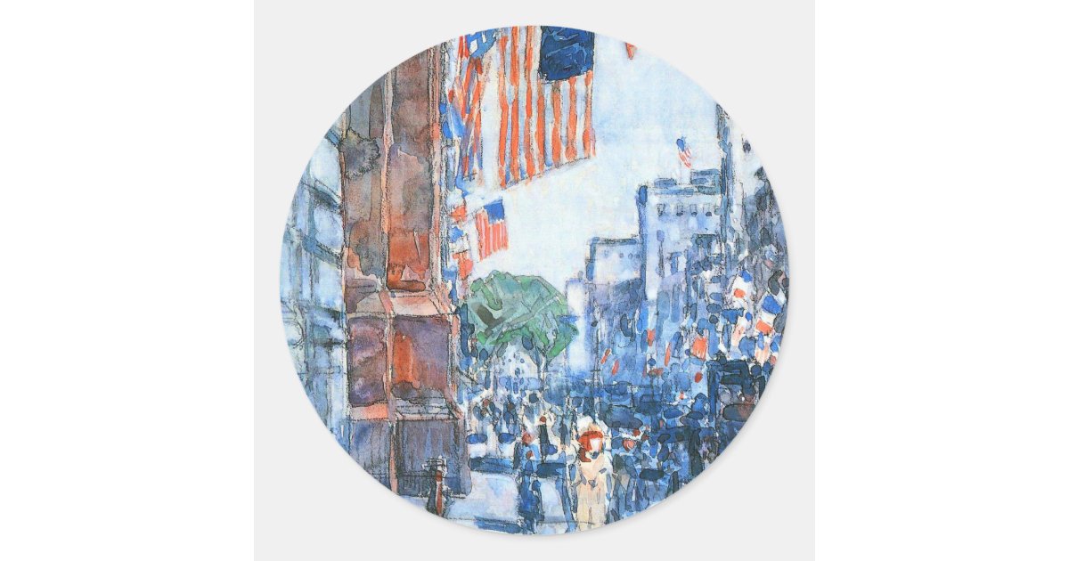 Flags Fifth Avenue by Childe Hassam, Vintage Art Classic Round Sticker ...