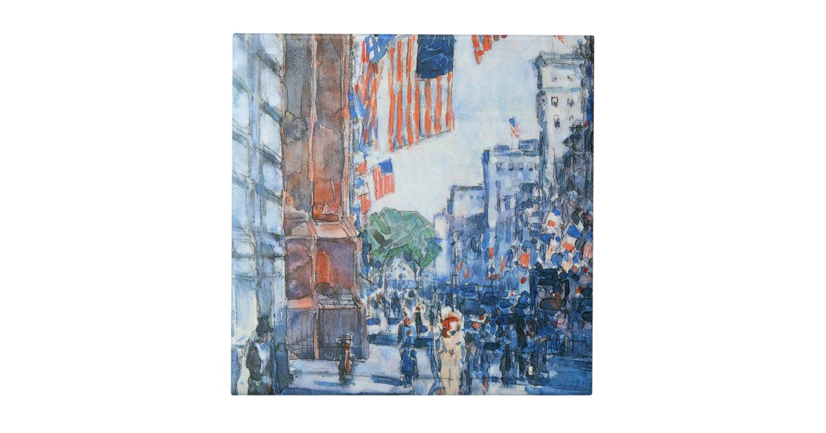Flags Fifth Avenue by Childe Hassam, Vintage Art Tile | Zazzle