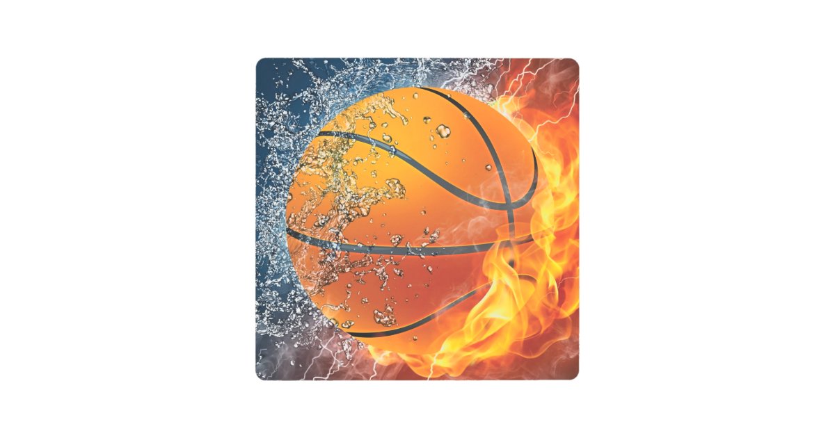 Flaming basketball metal print | Zazzle
