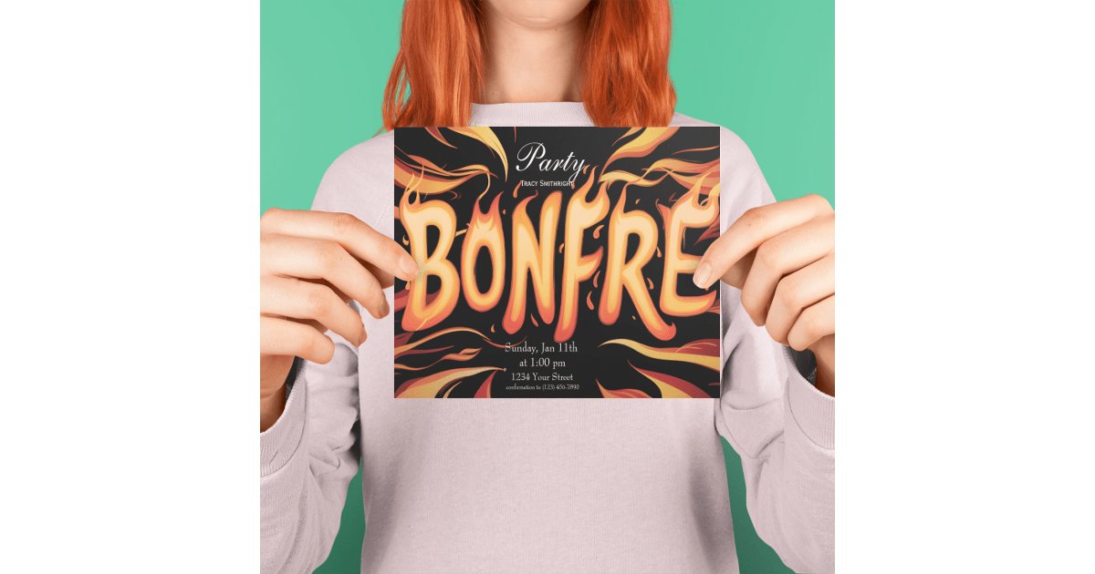 Flaming Bonfire Word Art Invitation | Zazzle