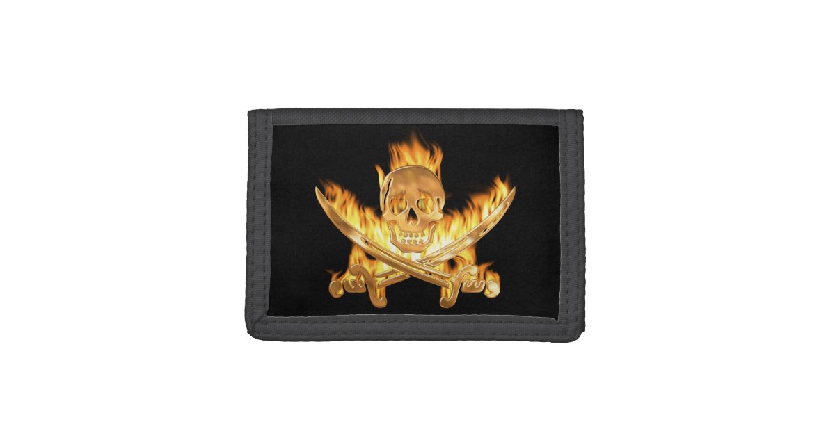 Flaming Jolly Roger Gold Trifold Wallet | Zazzle