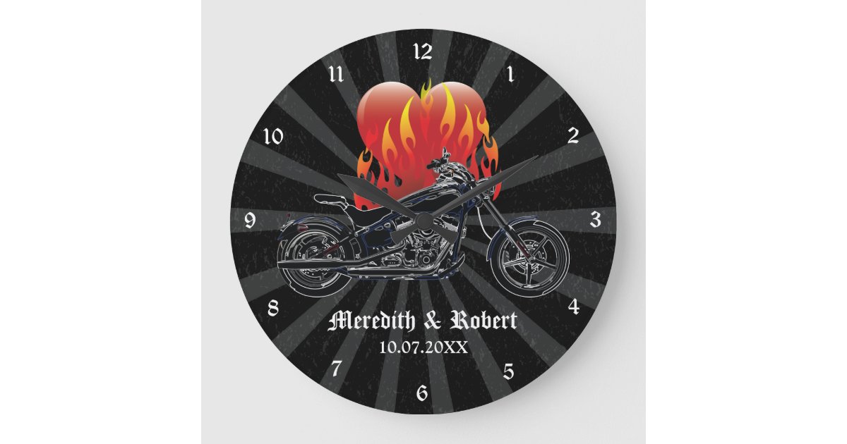 Flaming Love Biker Personalized Wall Clock | Zazzle