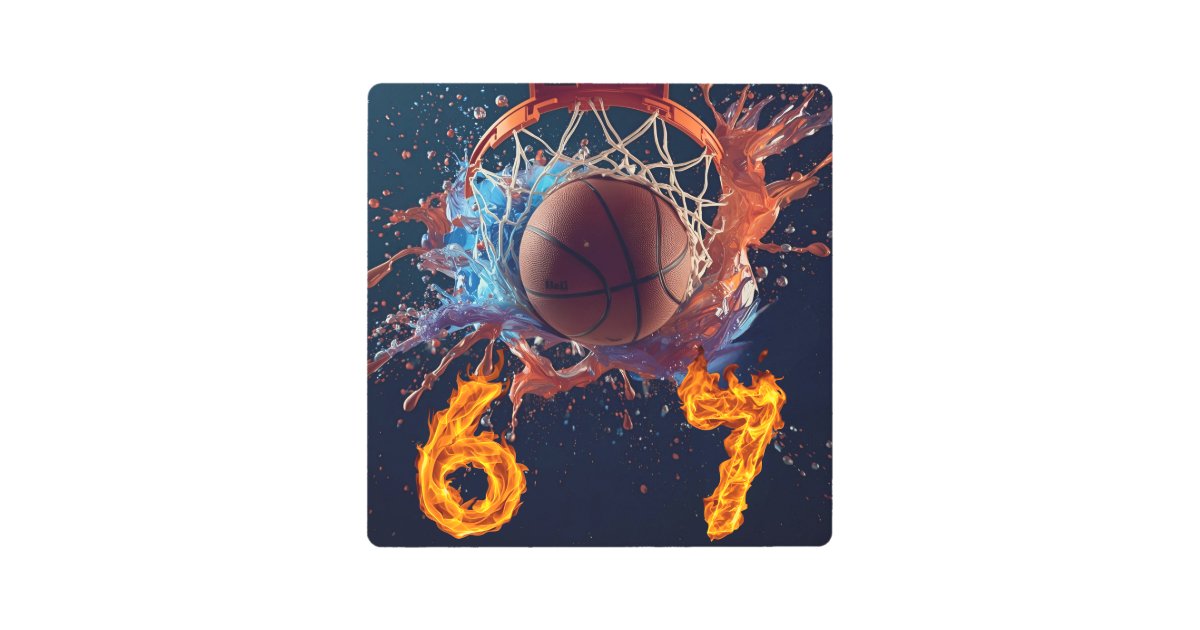 Flaming Six Seven Basketball Scoring Thru Hoop Metal Print | Zazzle