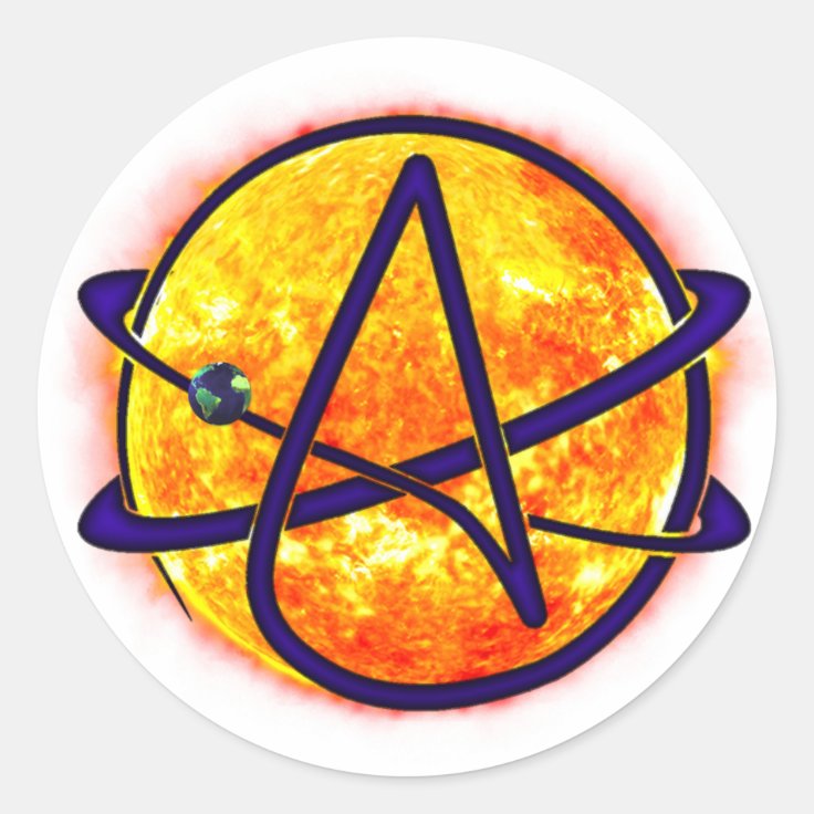 Flaming Sun Atheist Symbol Classic Round Sticker | Zazzle
