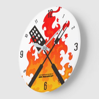 Flaming utensils bbq grilling kitchen clock | Zazzle