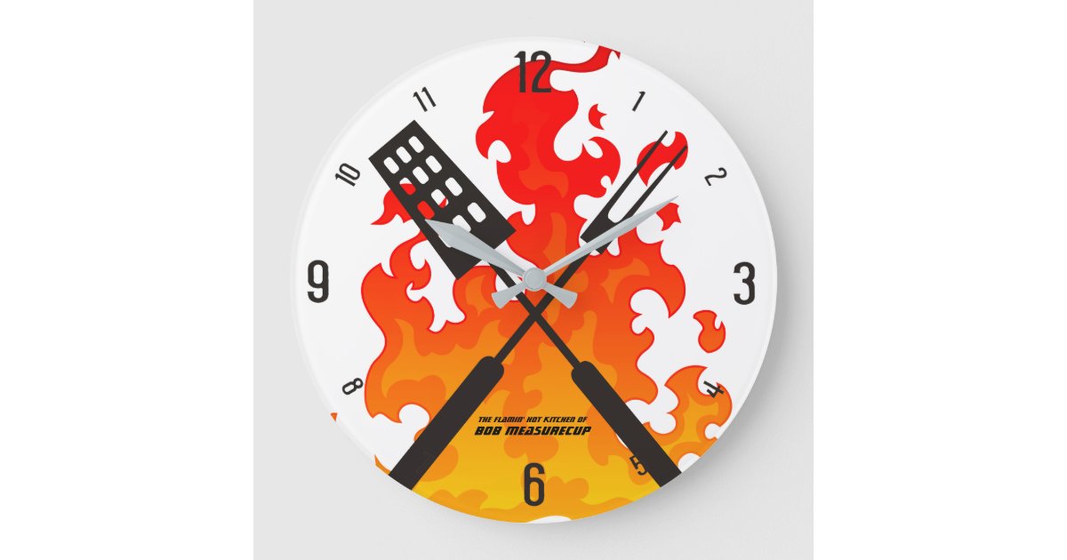 Flaming utensils bbq grilling kitchen clock | Zazzle
