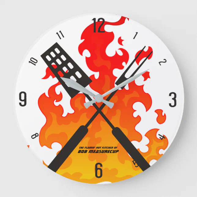 Flaming utensils bbq grilling kitchen clock | Zazzle