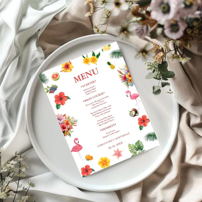 Flamingle Luau Floral Tropical Summer Birthday Menu | Zazzle