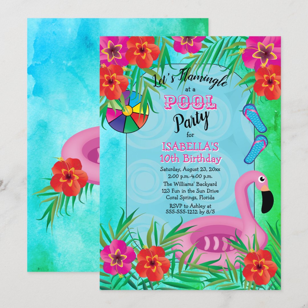 Flamingle Pink Floral 10th Birthday Pool Party Invitation | Zazzle
