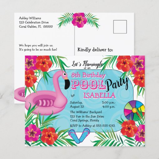 Flamingle Pink Floral 8th Birthday Pool Party Invitation Postcard | Zazzle