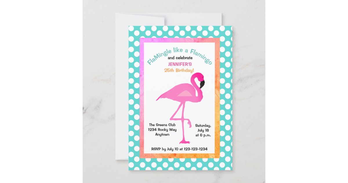 Flamingo and Polka Dot Party Invitation | Zazzle