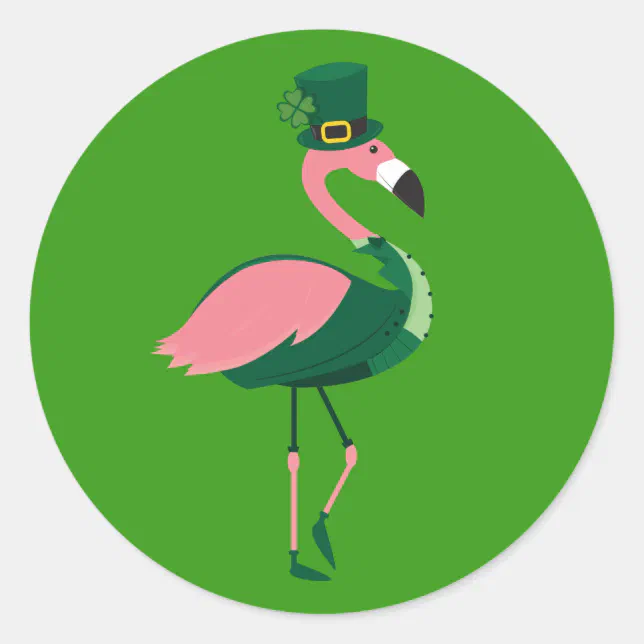 Flamingo Animal Green St Patrick’s Day Classic Round Sticker | Zazzle