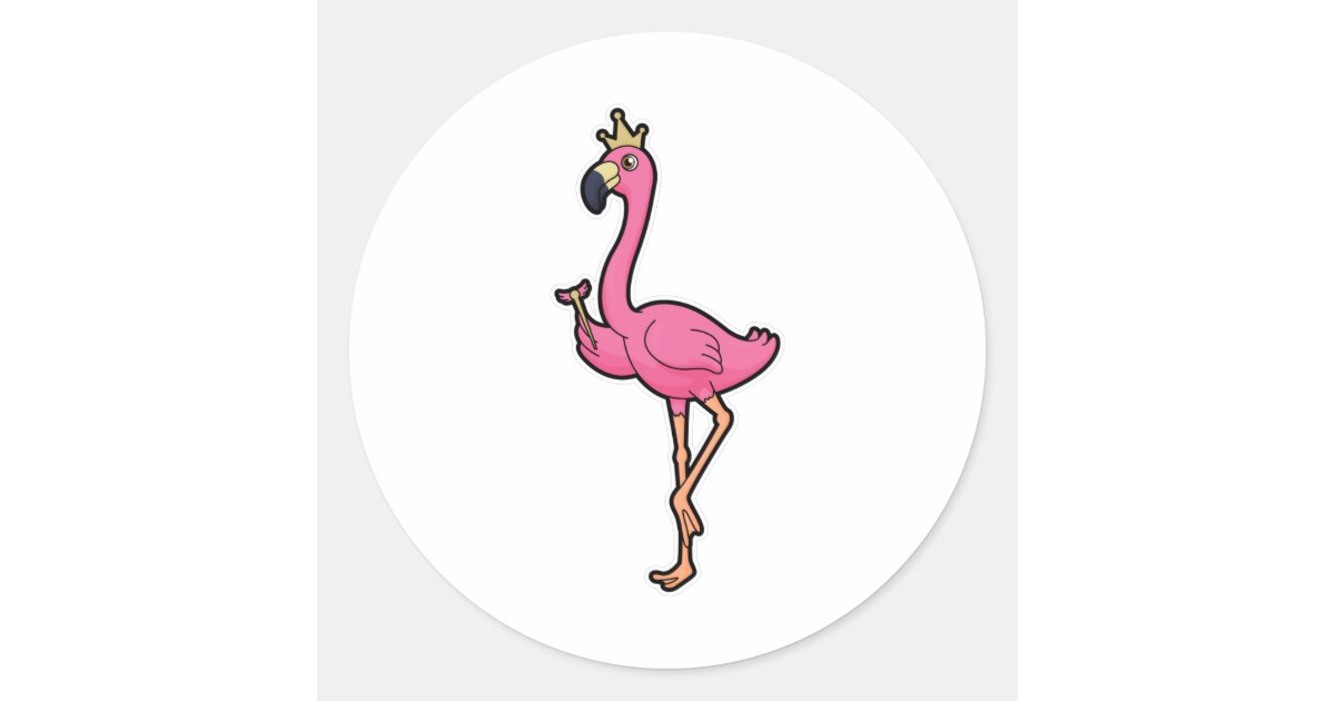 Flamingo as King with Crown & Staff Classic Round Sticker | Zazzle
