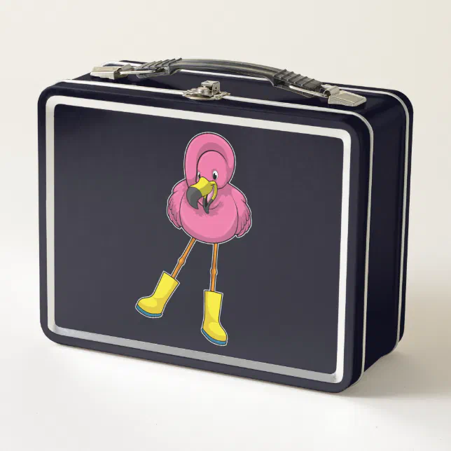 Flamingo at Raining with Rubber boots Metal Lunch Box | Zazzle