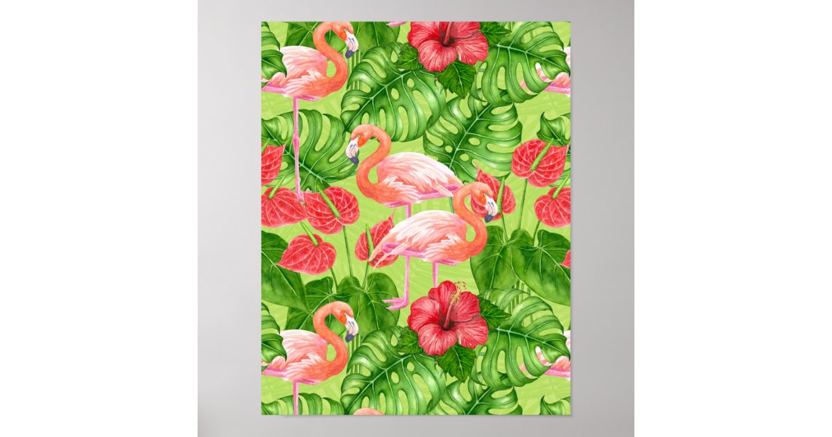 Flamingo birds and tropical plants poster | Zazzle