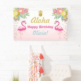 Flamingo birthday banner Tropical Luau Pineapple | Zazzle