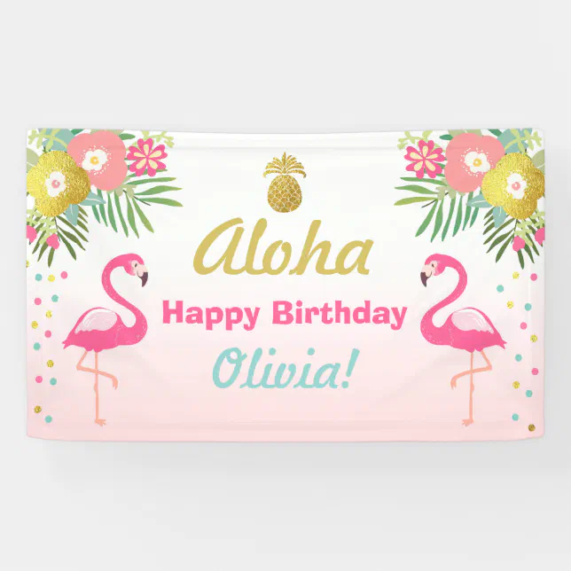Flamingo birthday banner Tropical Luau Pineapple | Zazzle
