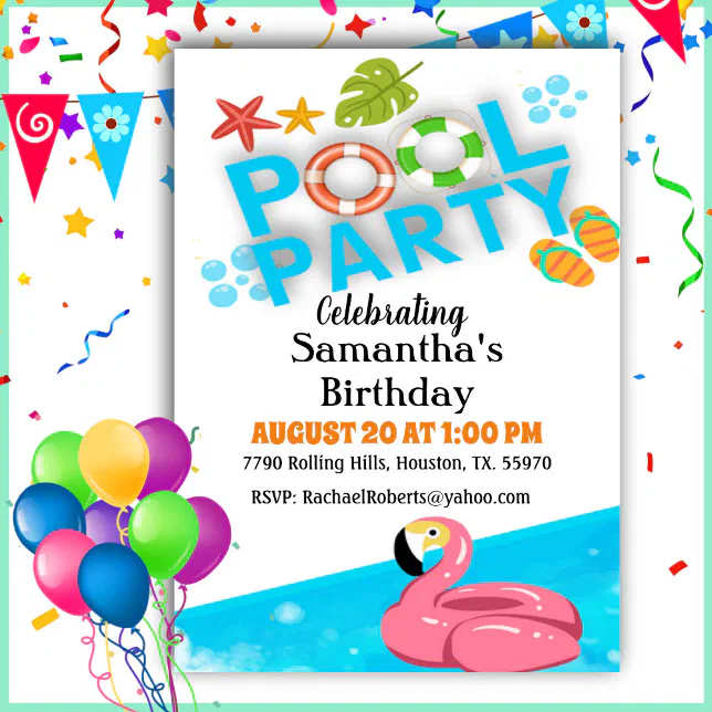 Flamingo Birthday Pool Party Invitation | Zazzle