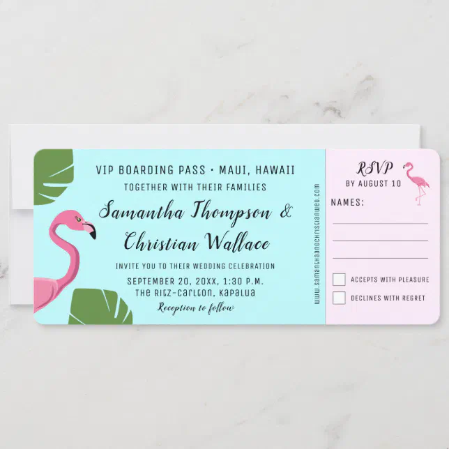 Flamingo Boarding Pass RSVP ticket Destination Invitation | Zazzle